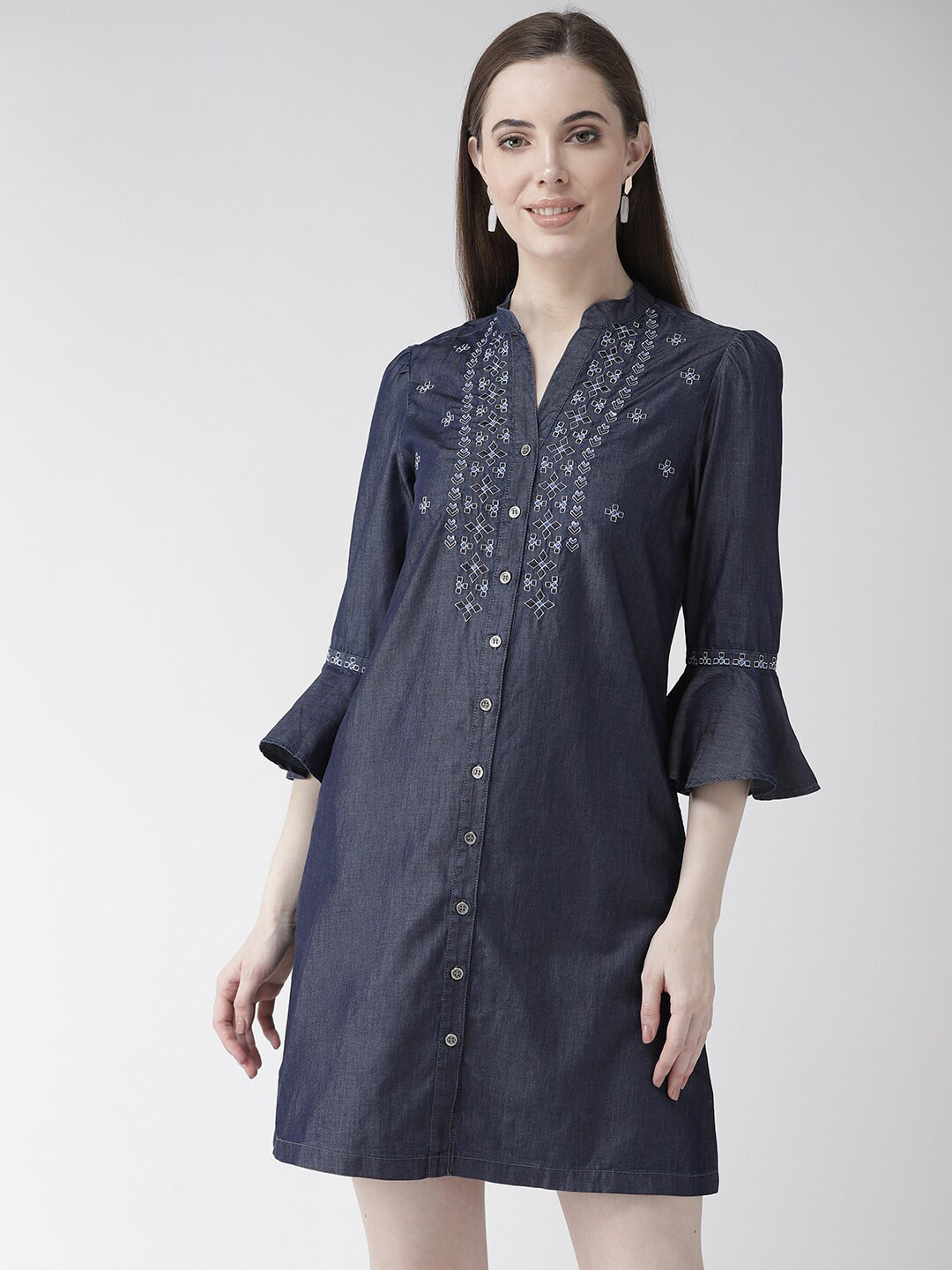Buy Xpose Geometric Embroidered Denim Shirt Mini Dress - Dresses for ...
