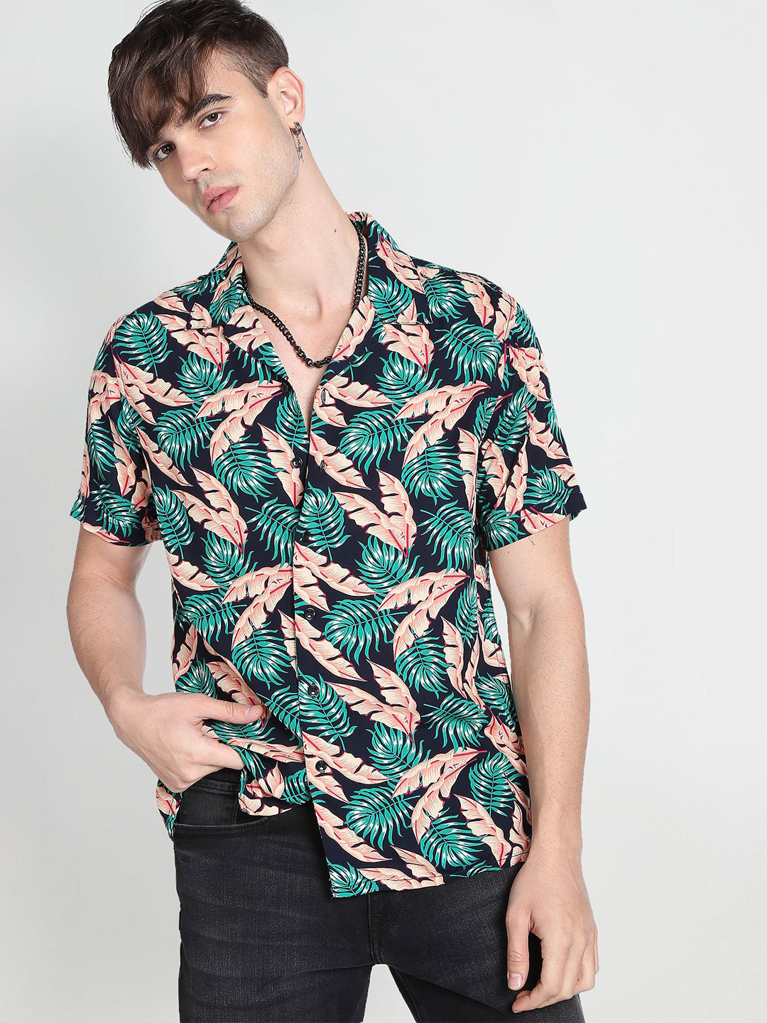 Buy Flying Machine Slim Fit Tropical Printed Cuban Collar Casual Shirt ...
