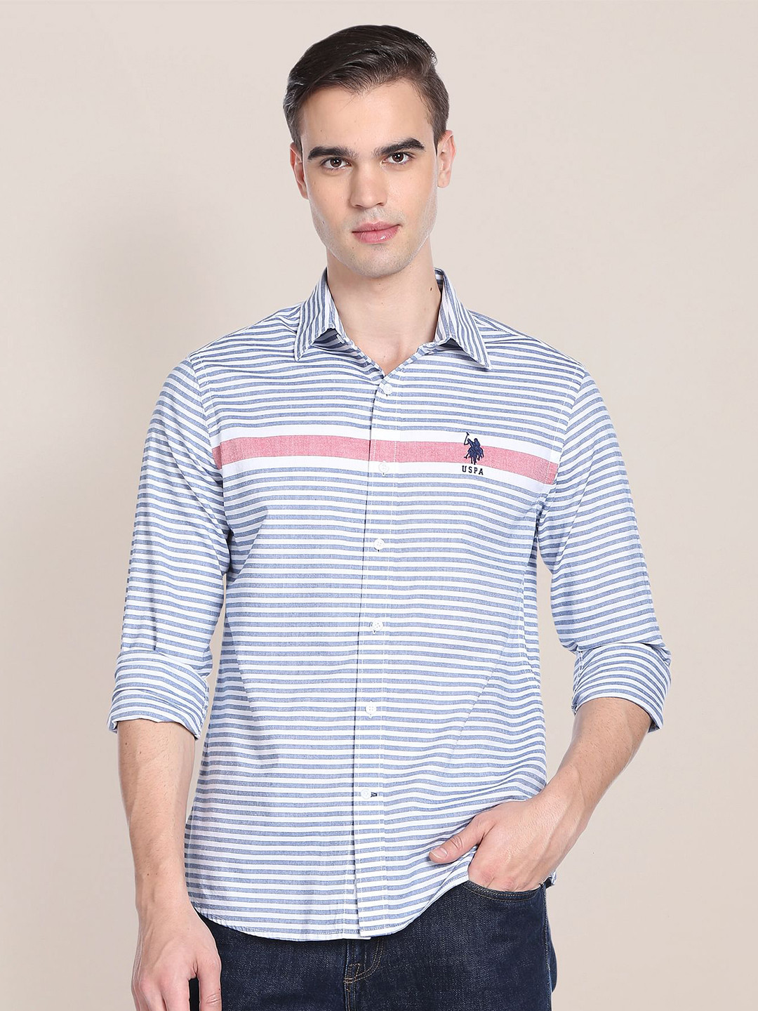 Buy U.S. Polo Assn. Horizontal Stripes Spread Collar Oxford Pure Cotton ...