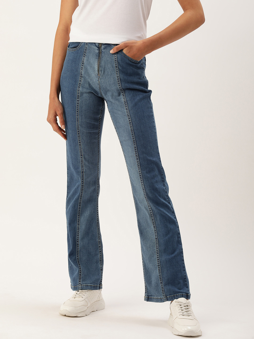 Buy FOREVER 21 Women Flared Light Fade Colourblocked Stretchable Jeans ...