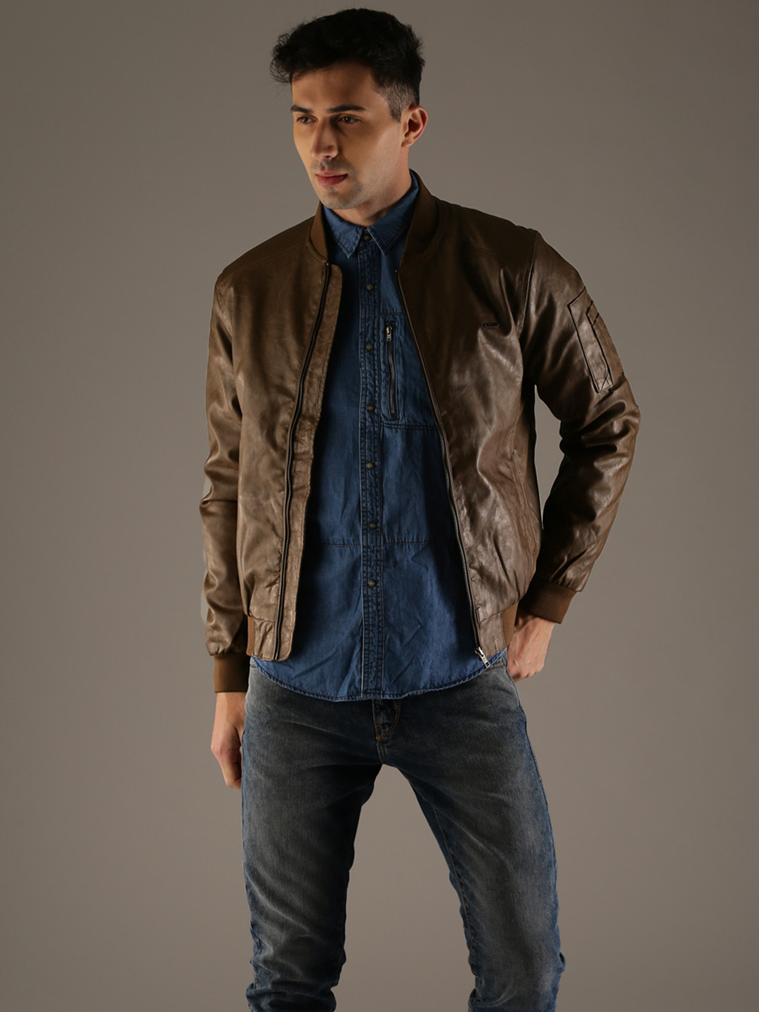 Buy Flying Machine Men Brown Solid Biker Jacket - Jackets for Men ...