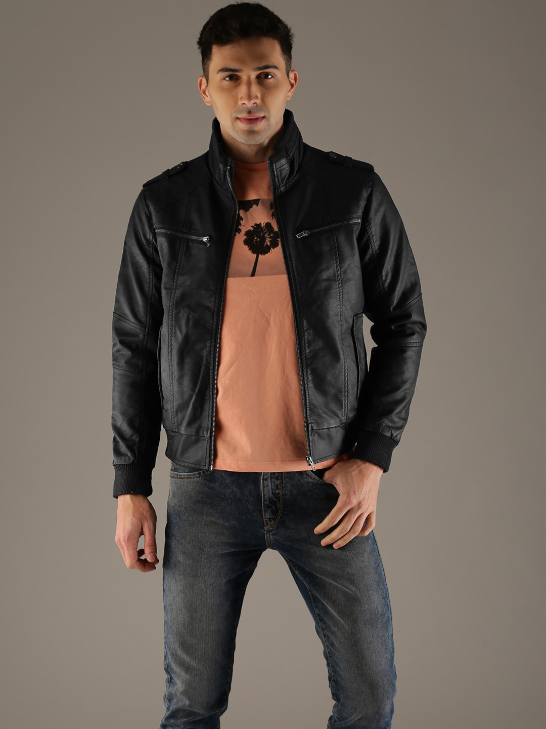 Buy Flying Machine Men Black Solid Biker Jacket - Jackets for Men ...