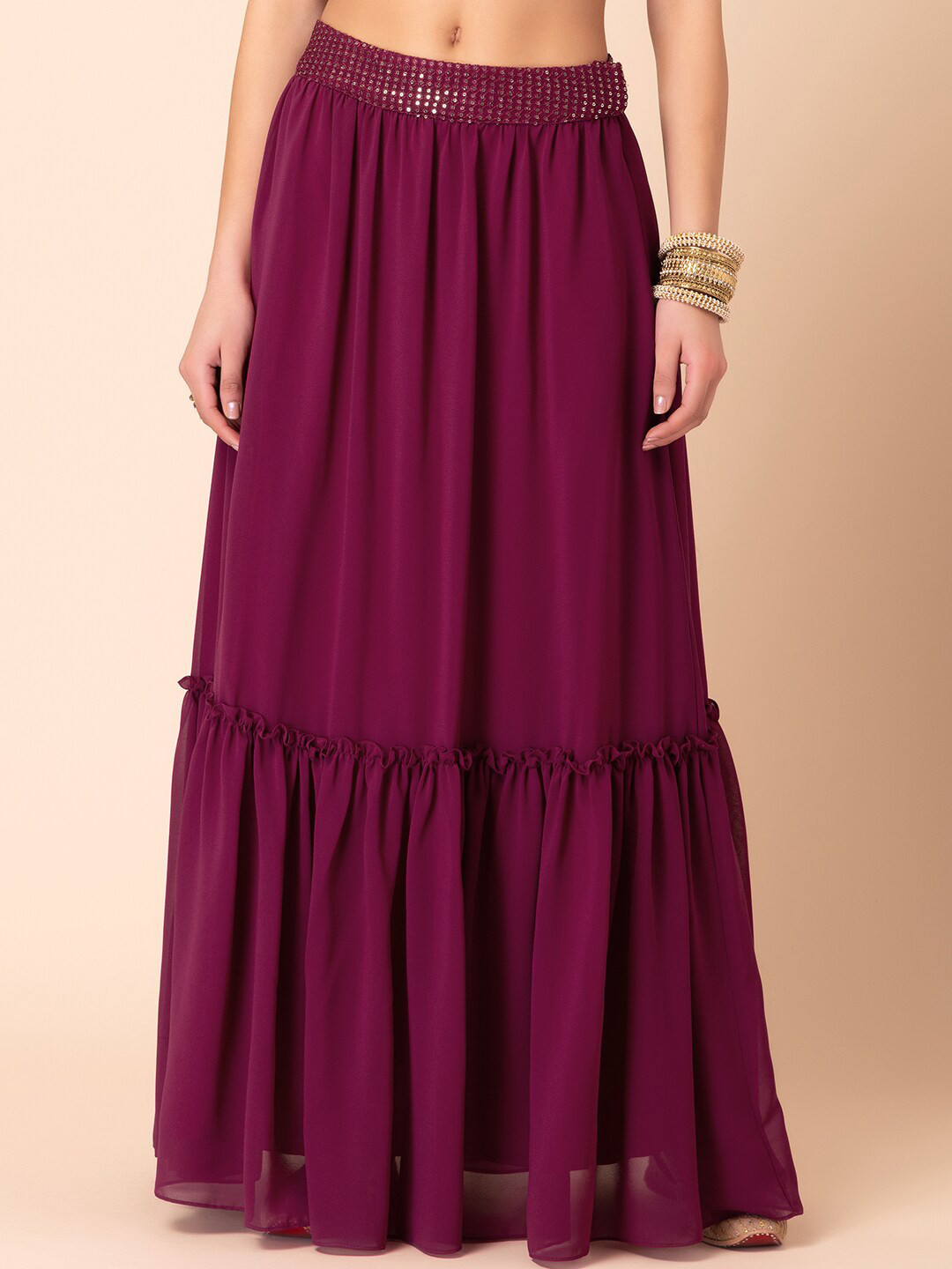 Buy INDYA Embellished Waist Tiered Lehenga Skirt - Skirts for Women ...