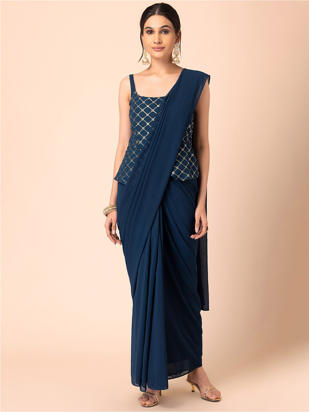 Buy INDYA Ready To Wear Saree With Attached Sequinned Peplum Blouse ...