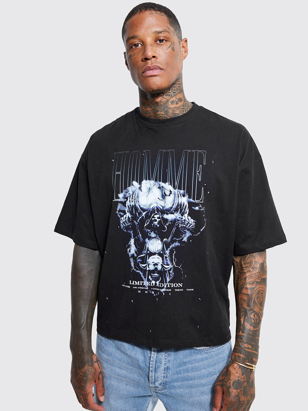 Buy BoohooMAN Biker Graphic Printed Drop Shoulder Sleeves Pure Cotton ...