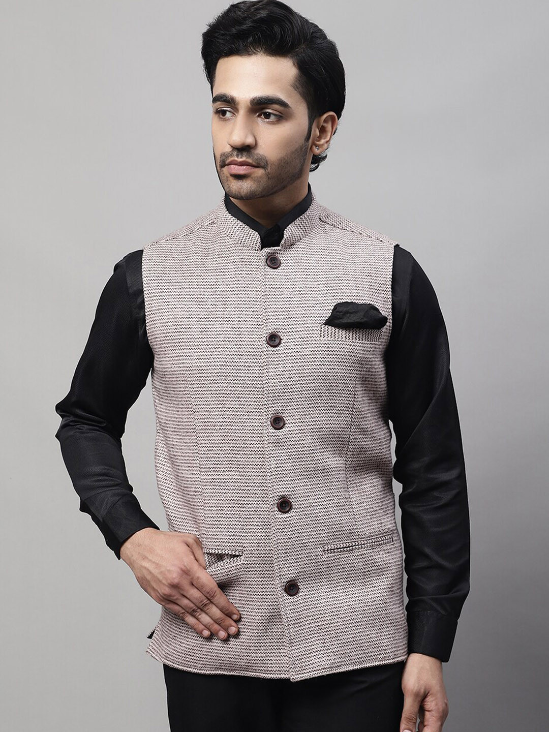 Buy Even Self Design Woven Mandarin Collar Nehru Jackets With Welt ...