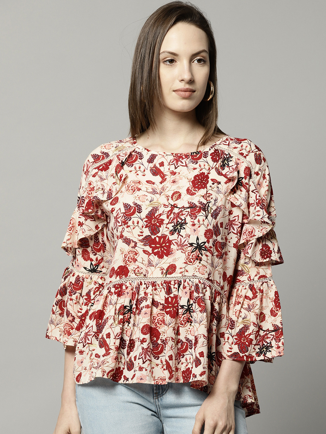 Buy Marks & Spencer Women Cream Coloured & Red Printed Top - Tops for ...