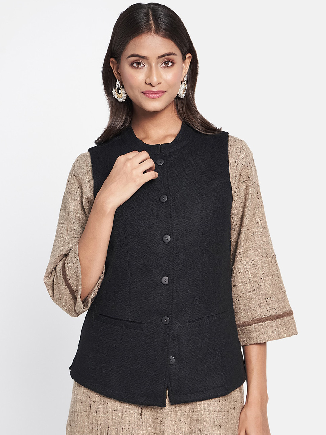 Buy Fabindia Women Mandarin Collar Sleeveless Woolen Tailored Jacket ...