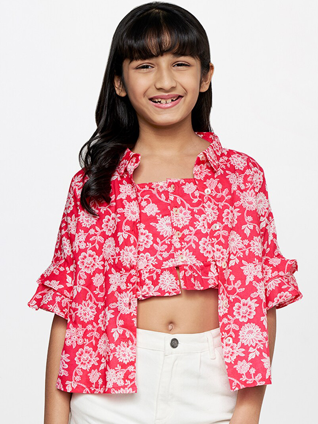 Buy Global Desi Girls Floral Printed Pure Cotton Shirt Style Top - Tops ...