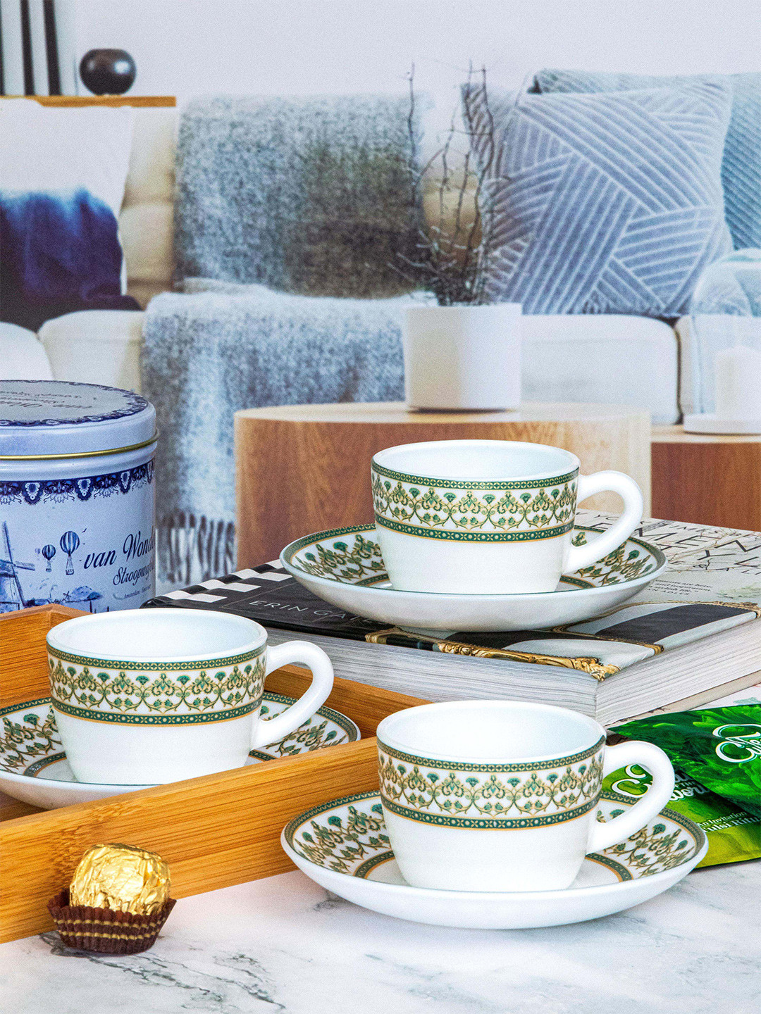 Buy Cello Opalware Solitaire 12 Pieces White Printed Cups And Saucers ...