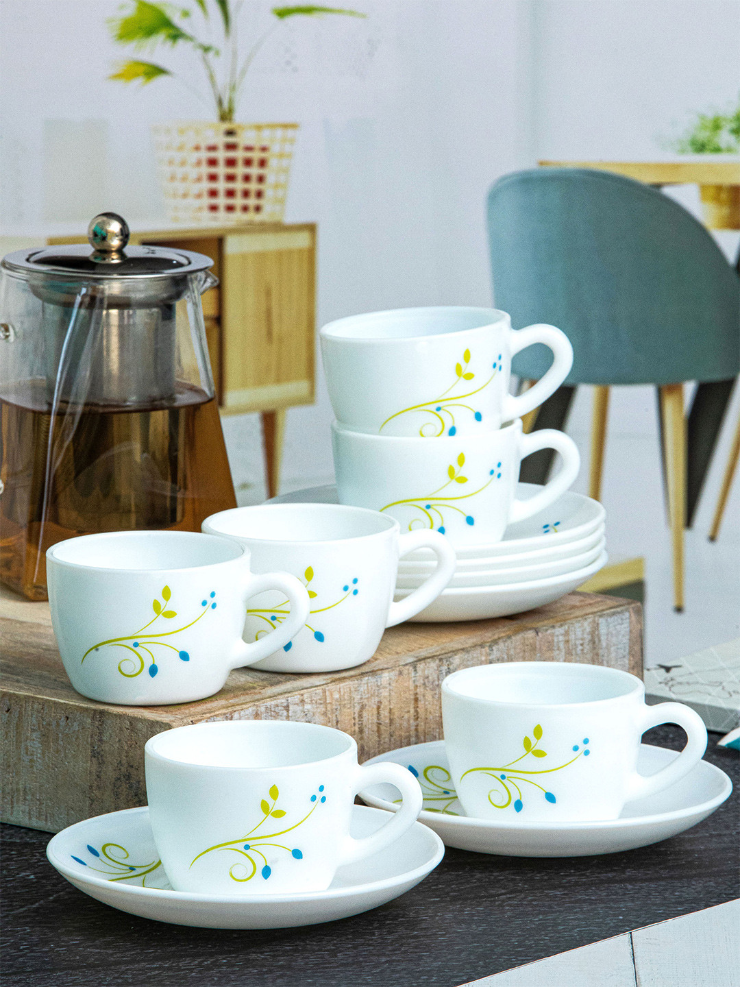 Buy Cello Opalware Dazzle Queen 12 Pieces White Printed Glossy Cups And Saucers 130 Ml Each ...