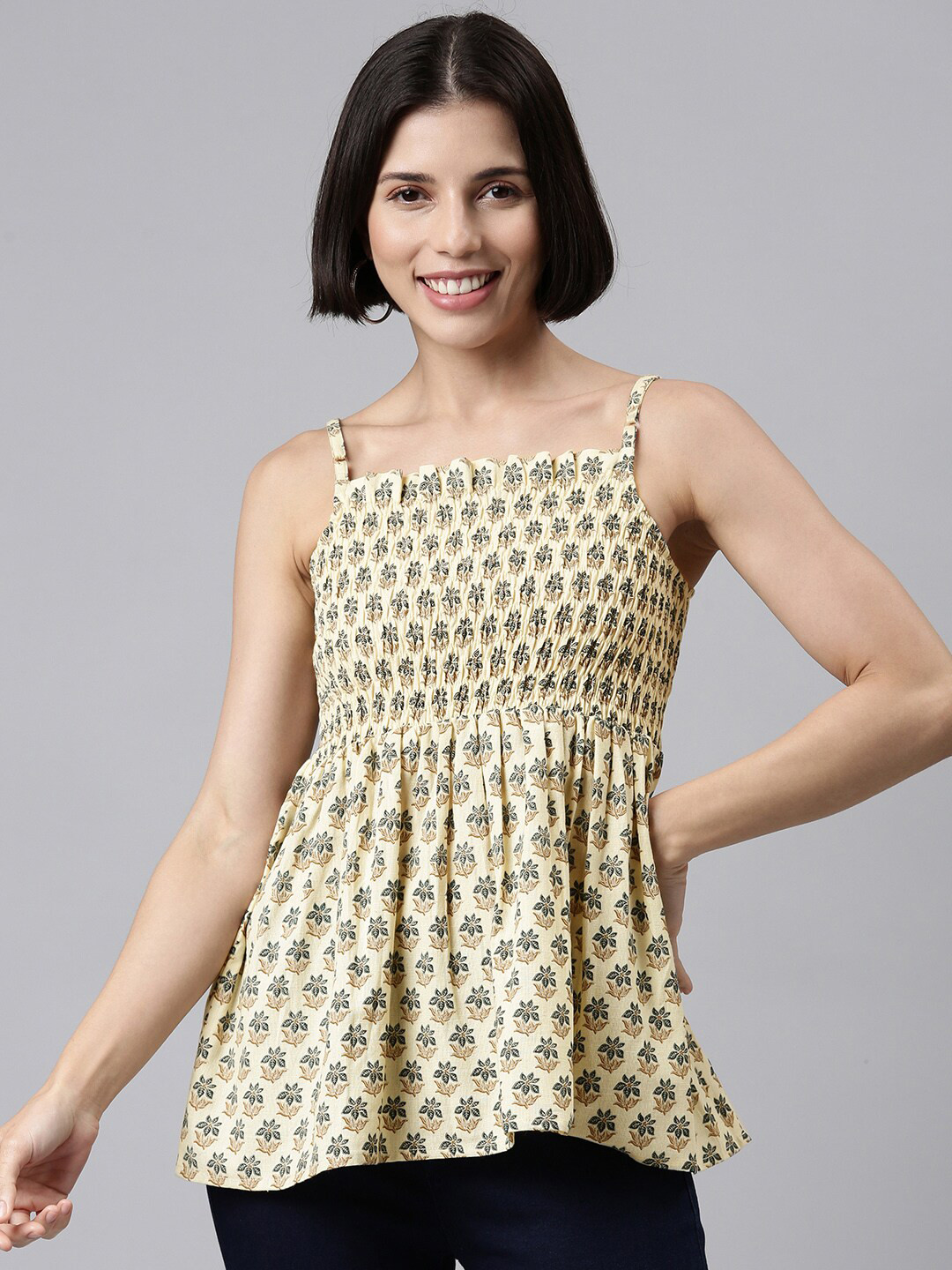 Buy HERE&NOW Shoulder Straps Smocked Floral Printed A Line Top - Tops ...