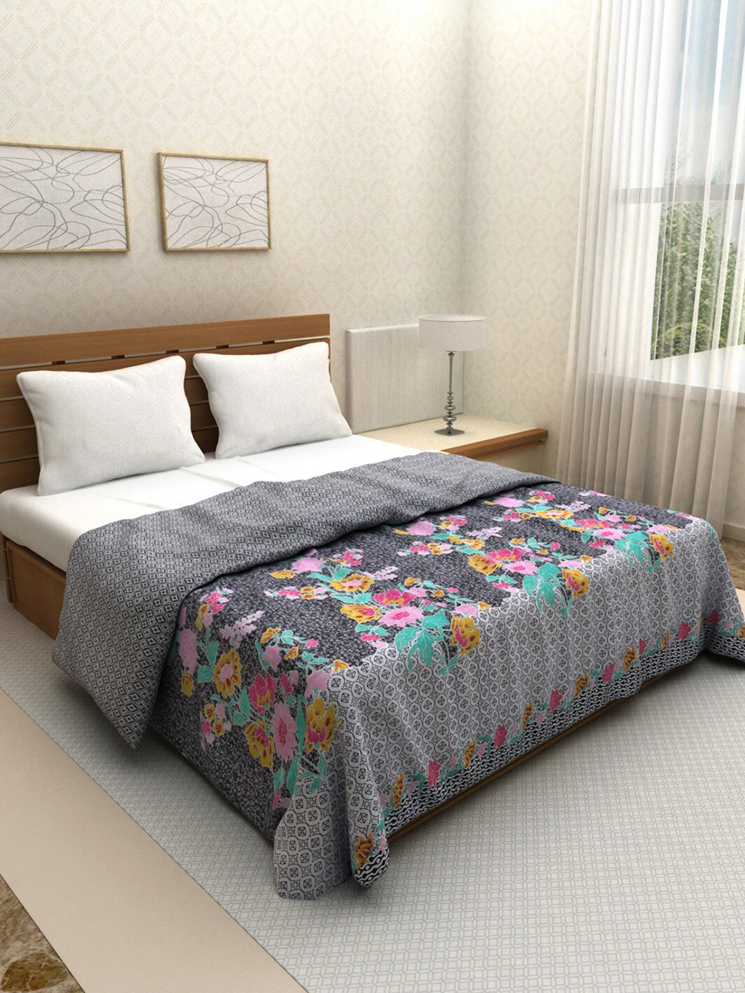 Buy ROMEE Black & White Floral AC Room 150 GSM Reversible Double Bed ...