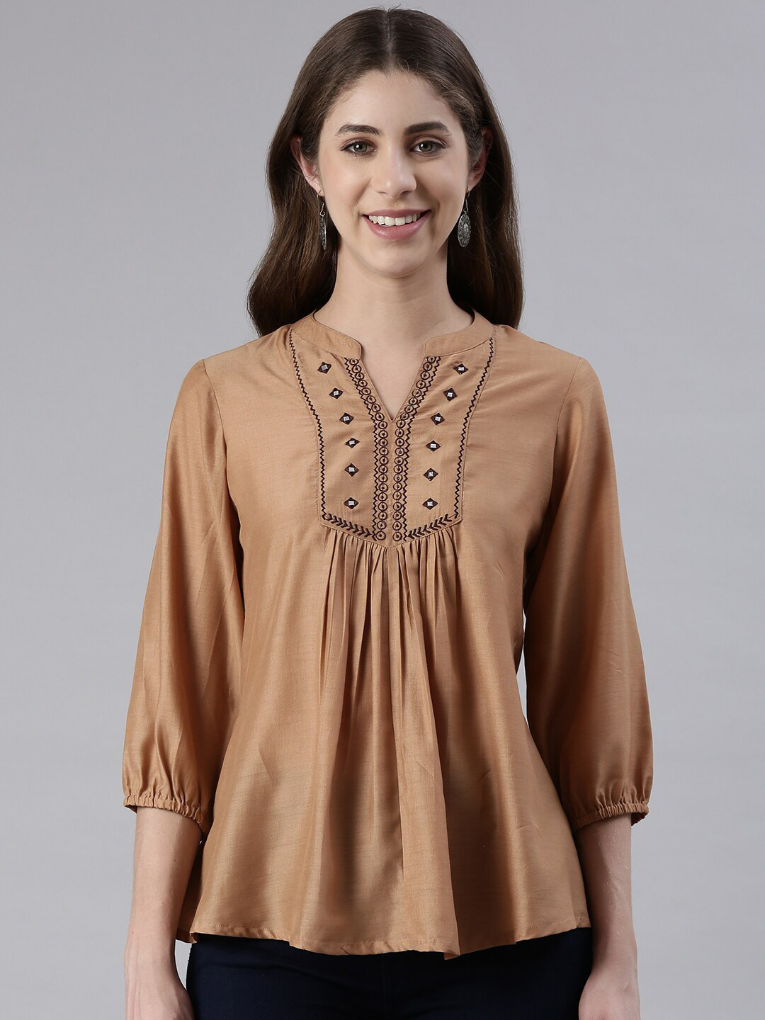 Buy MALHAAR Floral Embroidered Muslin Mandarin Collar A Line Top - Tops ...