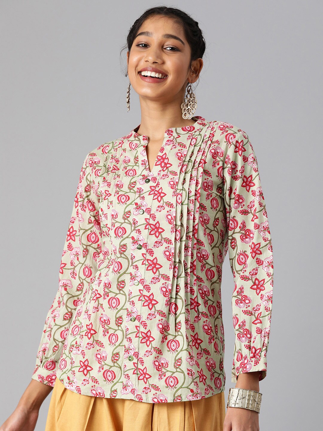 Buy Malhaar Floral Printed Mandarin Collar Cuffed Sleeves Pure Cotton