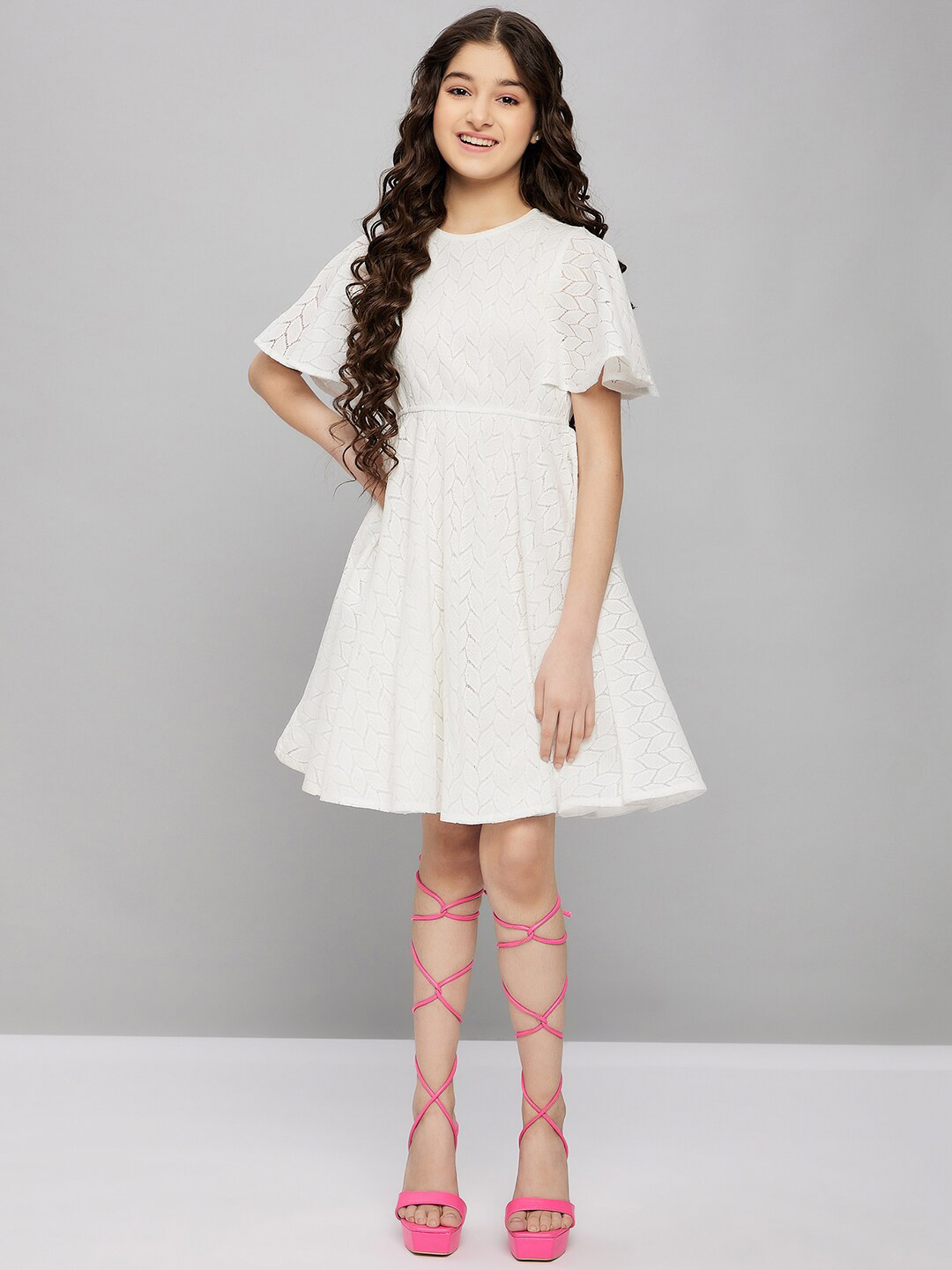 Buy Stylo Bug Girls Self Design Flutter Sleeves Fit & Flare Dress ...