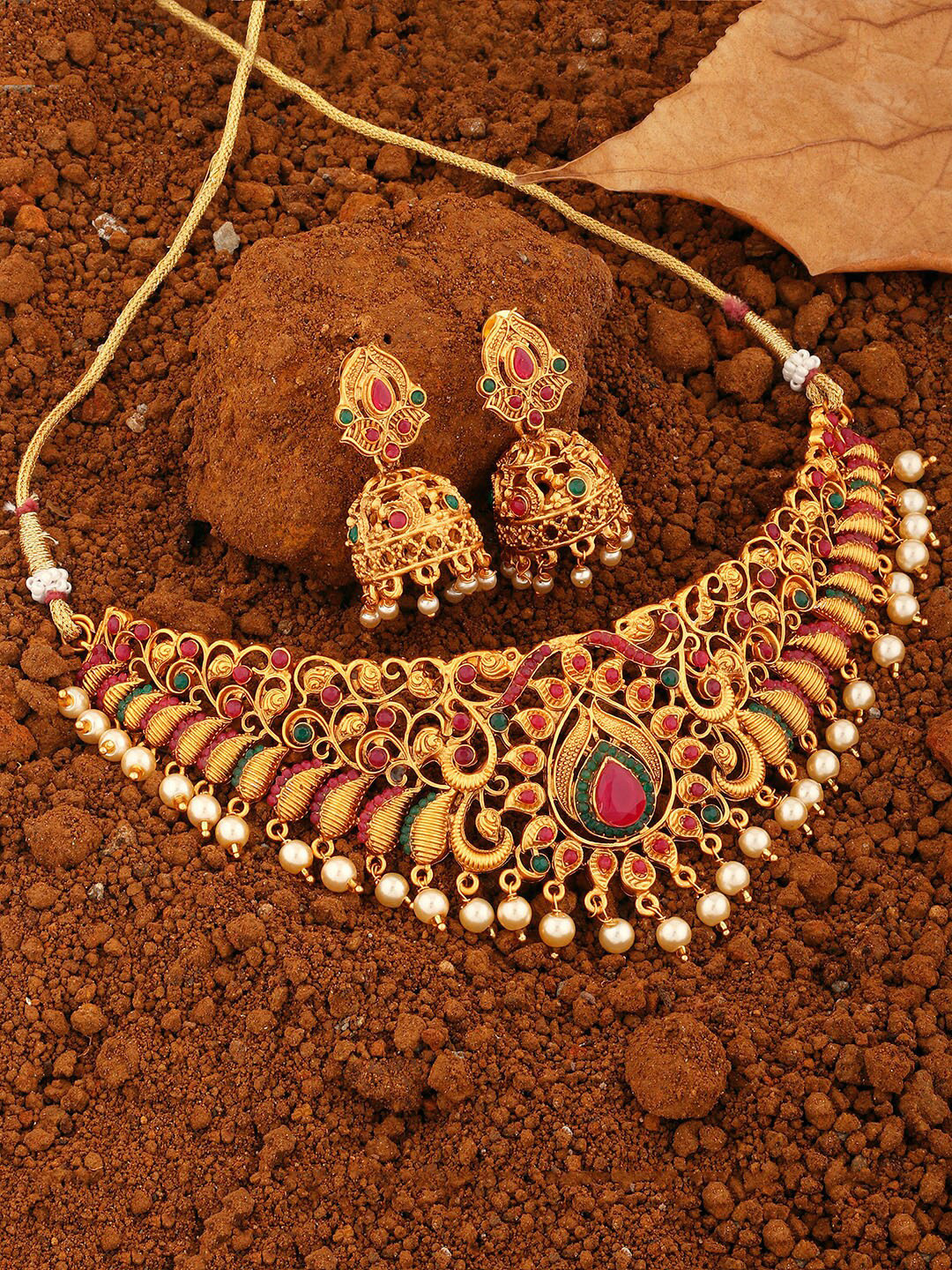 Buy Alamod Gold Plated Stone Studded & Artificial Beaded Jewellery Set ...