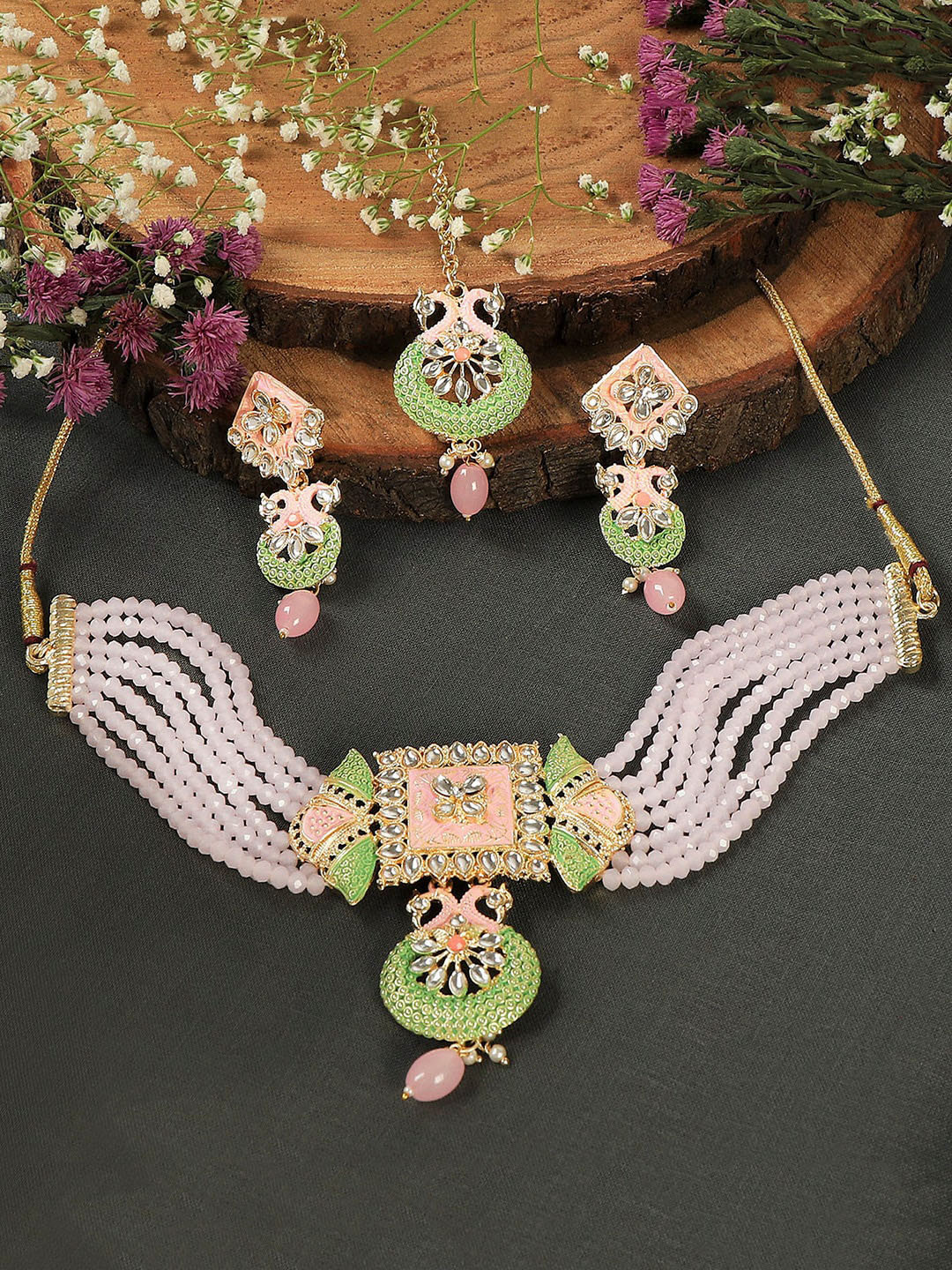 Buy Alamod Gold Plated Kundan Studded & Beaded Jewellery Set ...