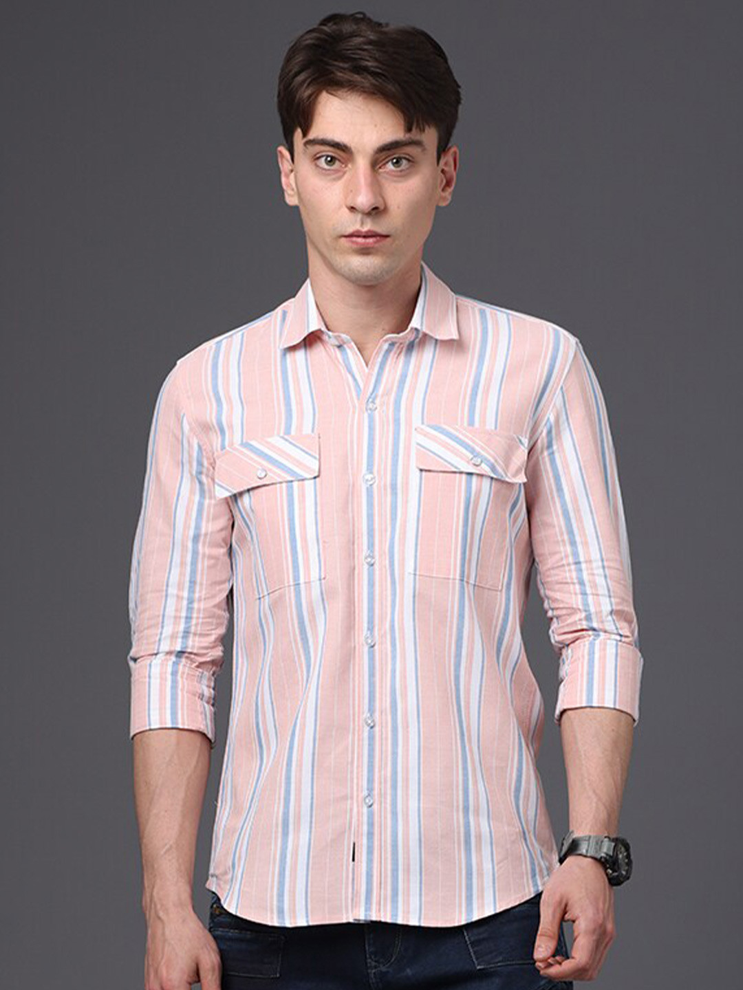 Buy FOGA Vertical Stripes Spread Collar Pure Cotton Casual Shirt ...