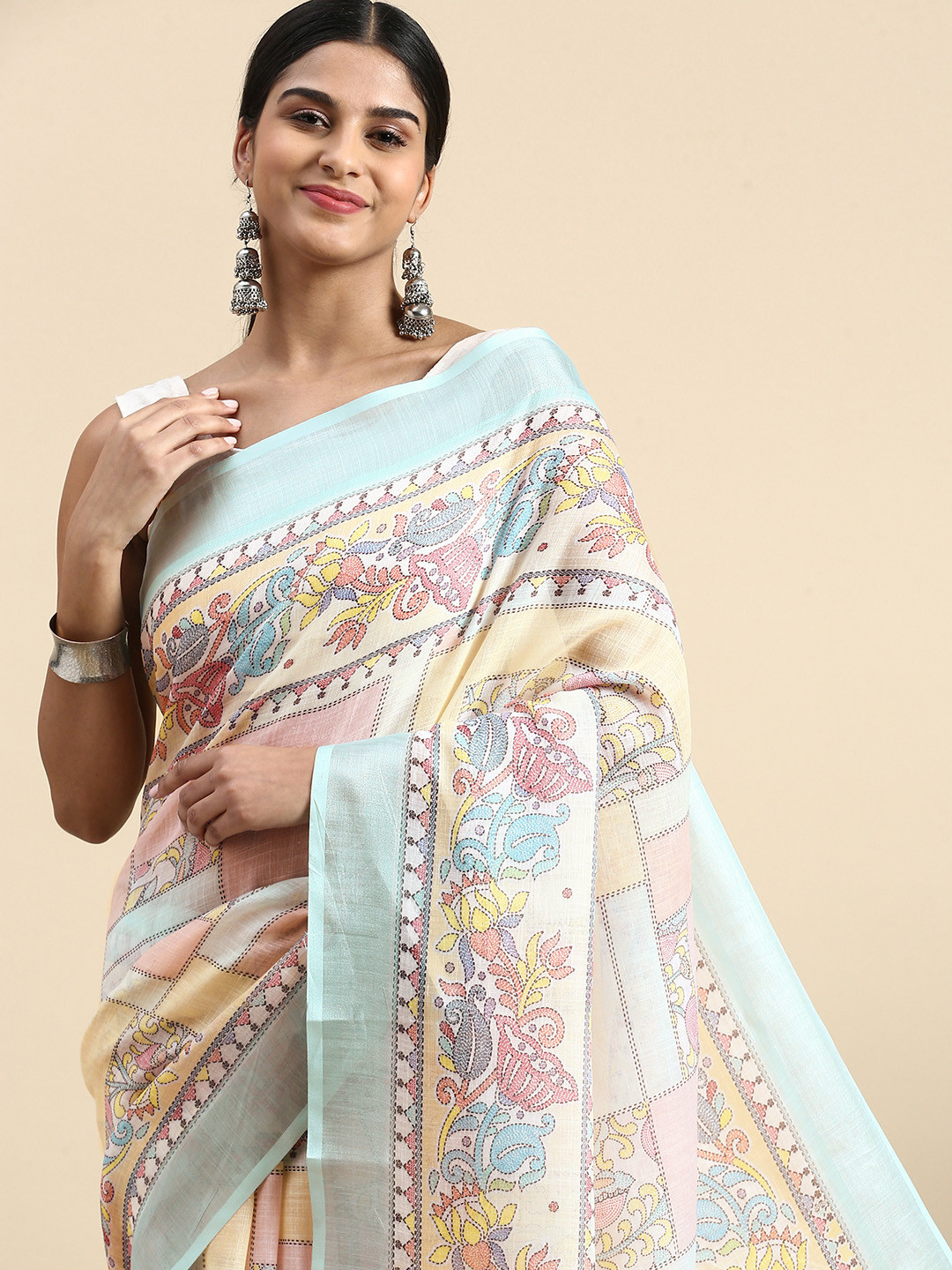 Buy VISHNU WEAVES Floral Phulkari Pure Linen Narayan Peth Saree ...