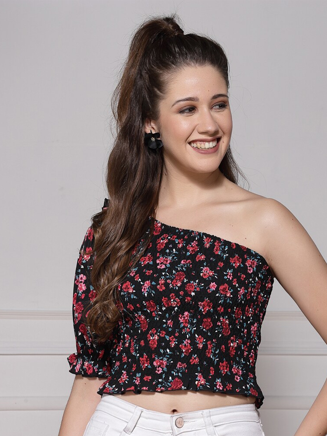Buy Kassually Floral Print One Shoulder Crepe Crop Top Tops For Women