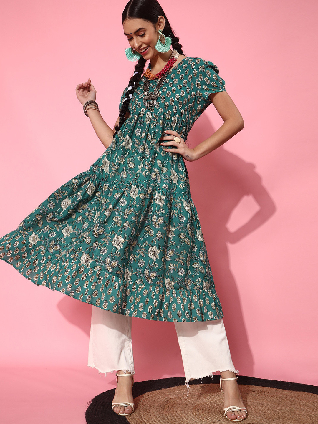 Buy Indo Street Ethnic Motifs Printed Puff Sleeves Pure Cotton Tiered ...