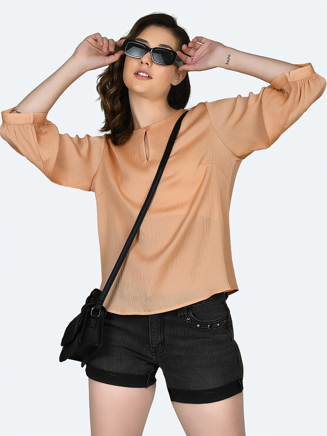 Buy Zink London Cuffed Sleeves Keyhole Neck Top - Tops for Women ...