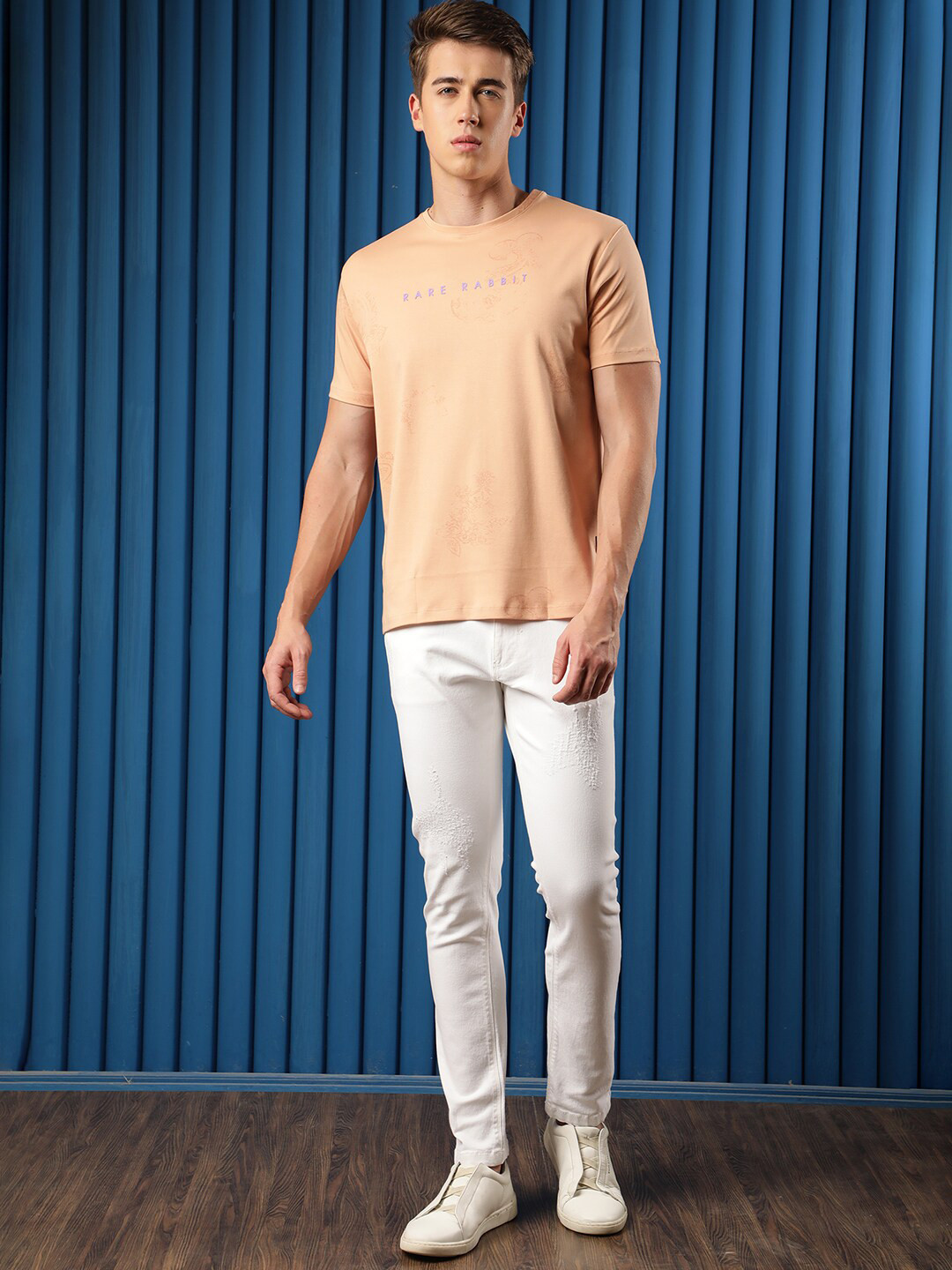 Buy RARE RABBIT Men Delic Typography Printed Cotton Slim Fit T Shirt ...