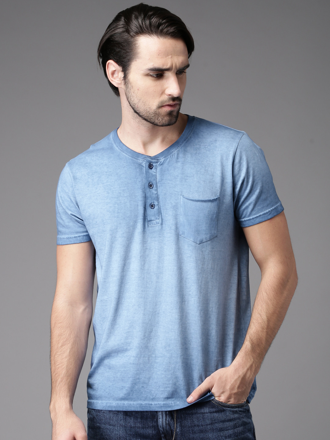 Buy HERENOW Men Blue Dyed Henley Neck Pure Cotton T Shirt - Tshirts for ...