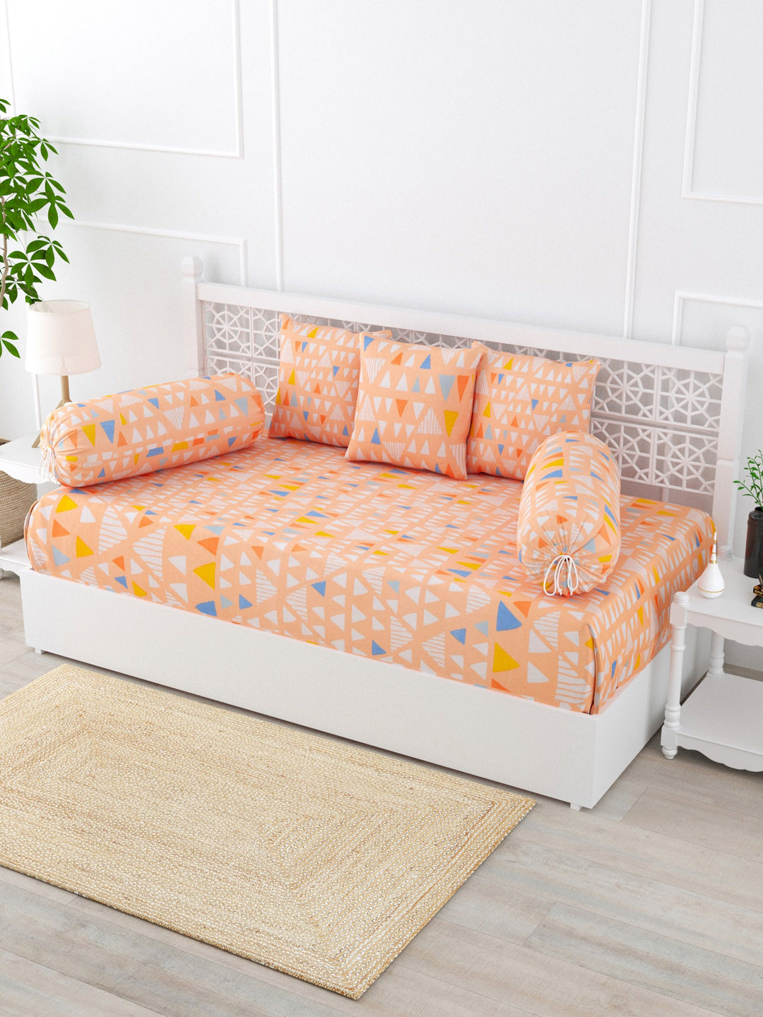Buy Salona Bichona Peach Colored 6 Pieces Printed Cotton Diwan Set ...