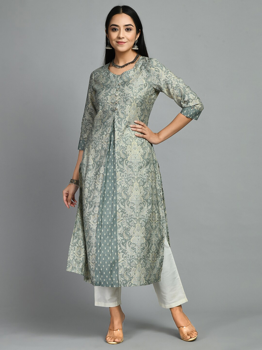 Buy MEESAN Paisley Printed Round Neck Roll Up Sleeves Straight Kurta ...