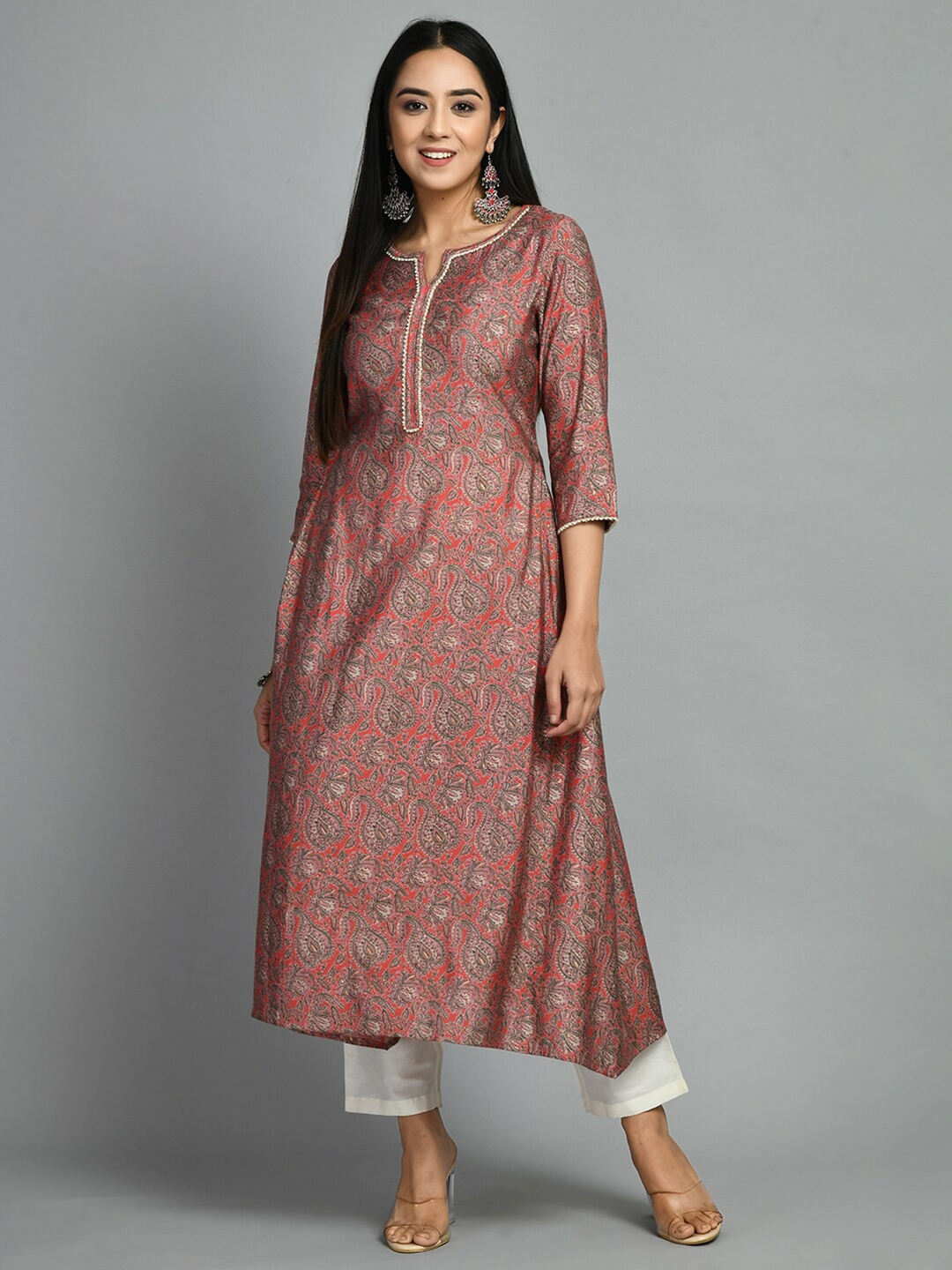 Buy MEESAN Paisley Printed Notched Neck A Line Kurta - Kurtas for Women ...