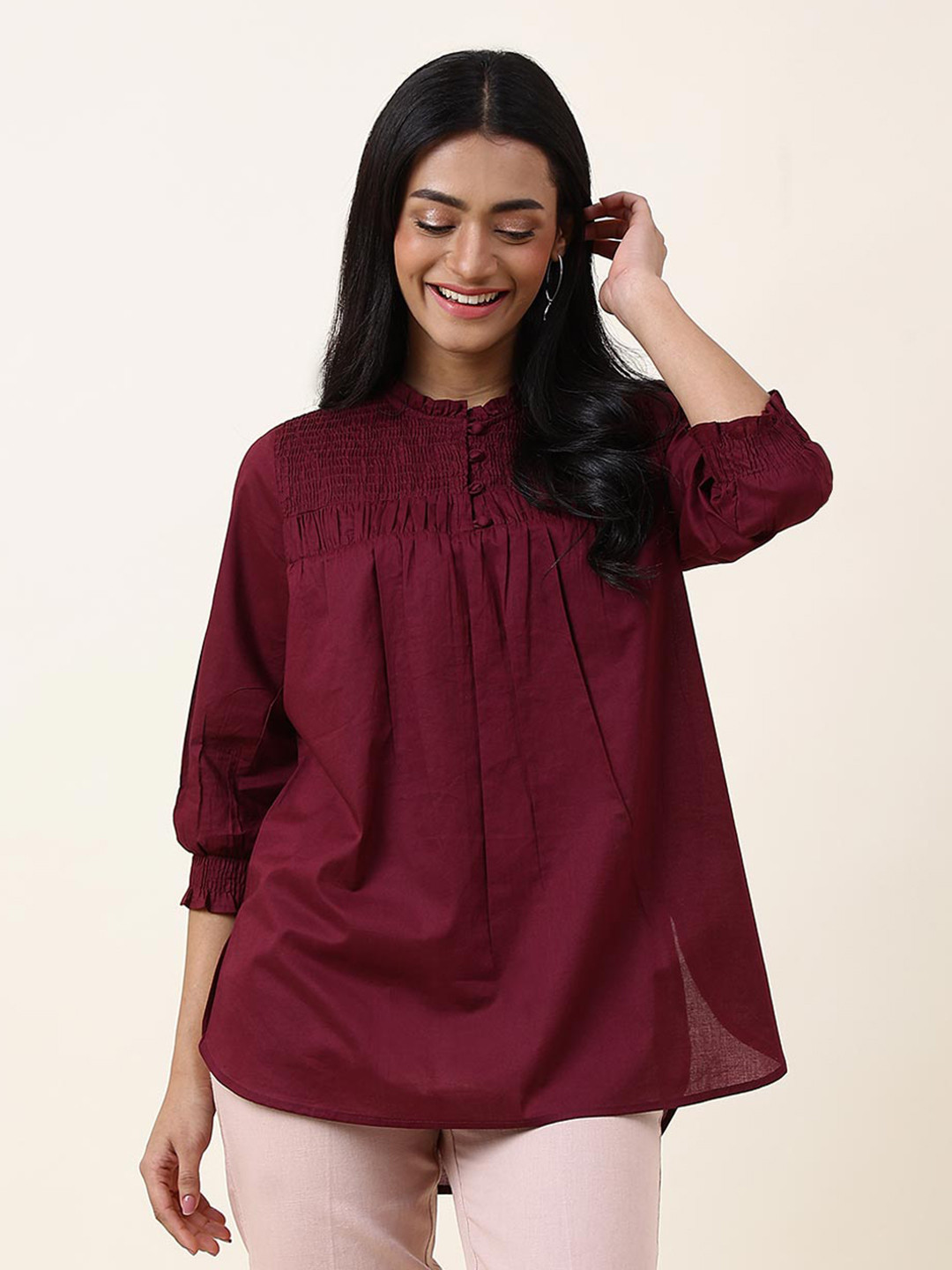 Buy Fabindia Gathers Mandarin Collar Three Quarter Sleeves Cotton Tunic ...