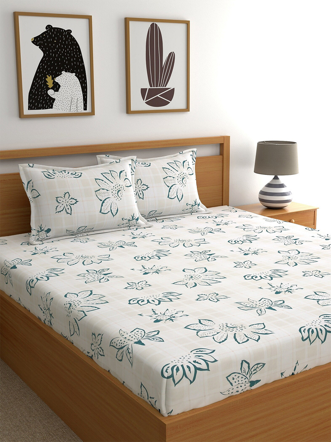 Buy Dreamscape Off White & Blue Floral 300 TC Pure Cotton King Bedsheet ...