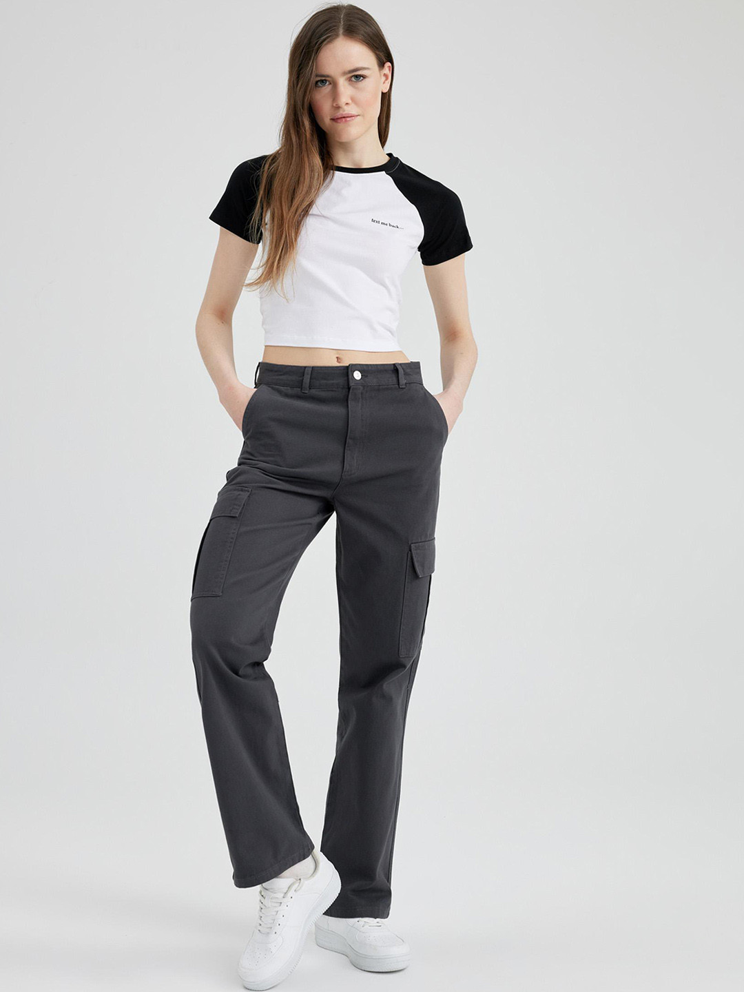 Buy DeFacto Women Straight Fit Pure Cotton Cargos Trousers - Trousers ...