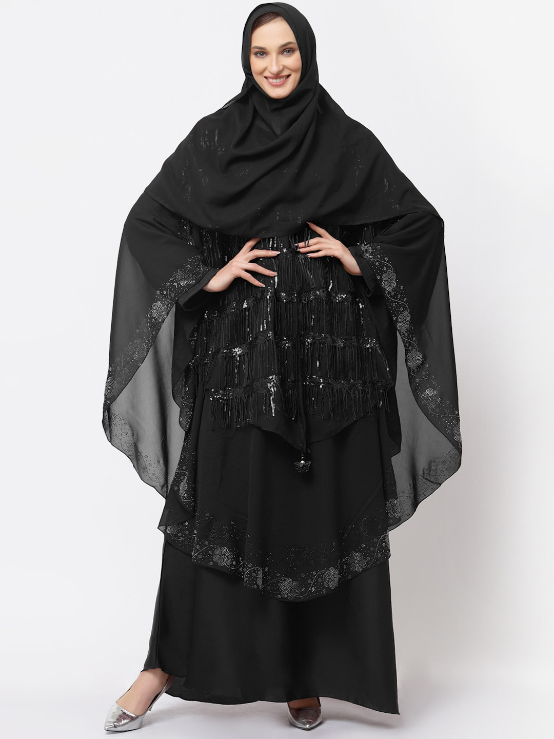 Buy KLOTTHE Embellished Round Neck Burqa With Scarf - Burqas for Women ...
