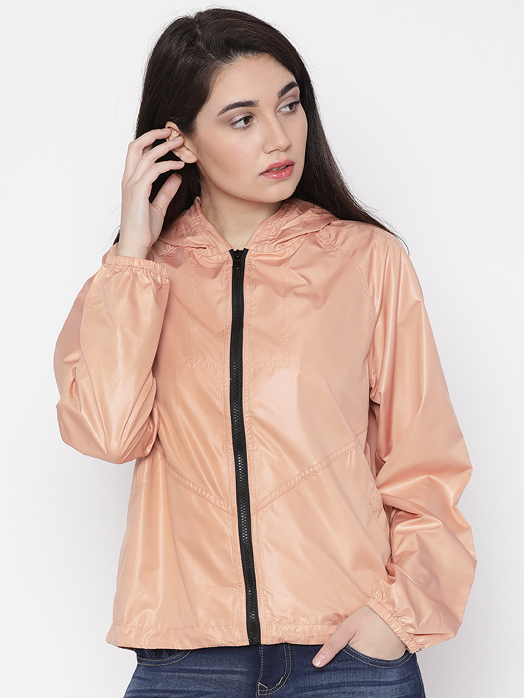 Buy FOREVER 21 Women Peach Coloured Solid Windcheater Sporty Jacket ...