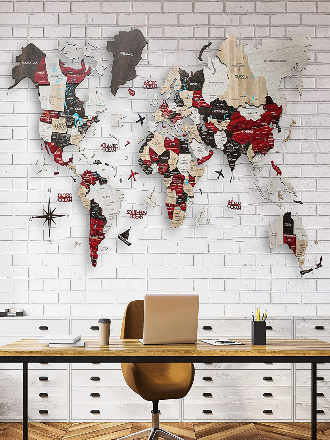 Buy The Art House Maroon & Beige Wooden 3D World Map Wall Hanging ...