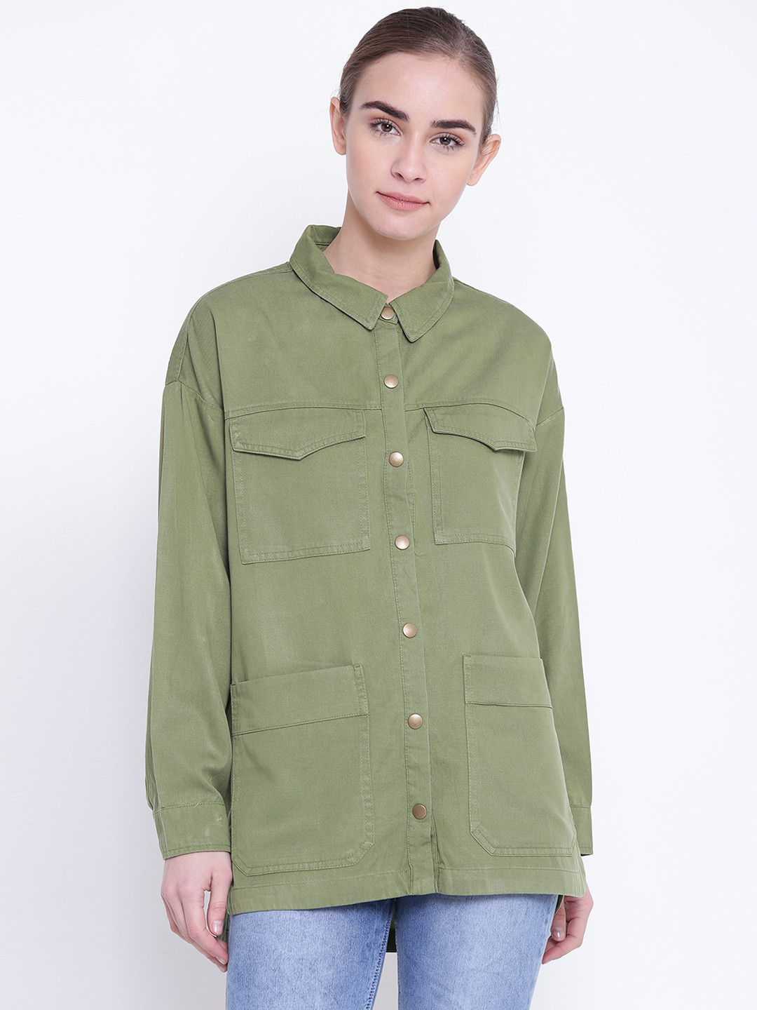 Buy FOREVER 21 Women Olive Green Solid Denim Shacket - Jackets for ...