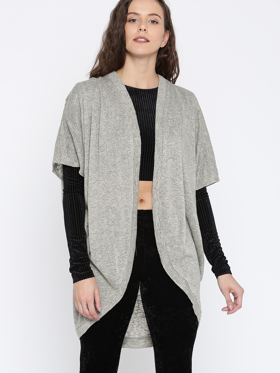 Buy FOREVER 21 Grey Melange Solid Open Front Shrug - Shrug for Women ...
