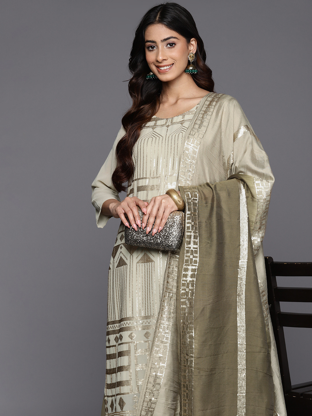 Buy Varanga Embroidered Regular Sequinned Kurta With Palazzos & Dupatta ...