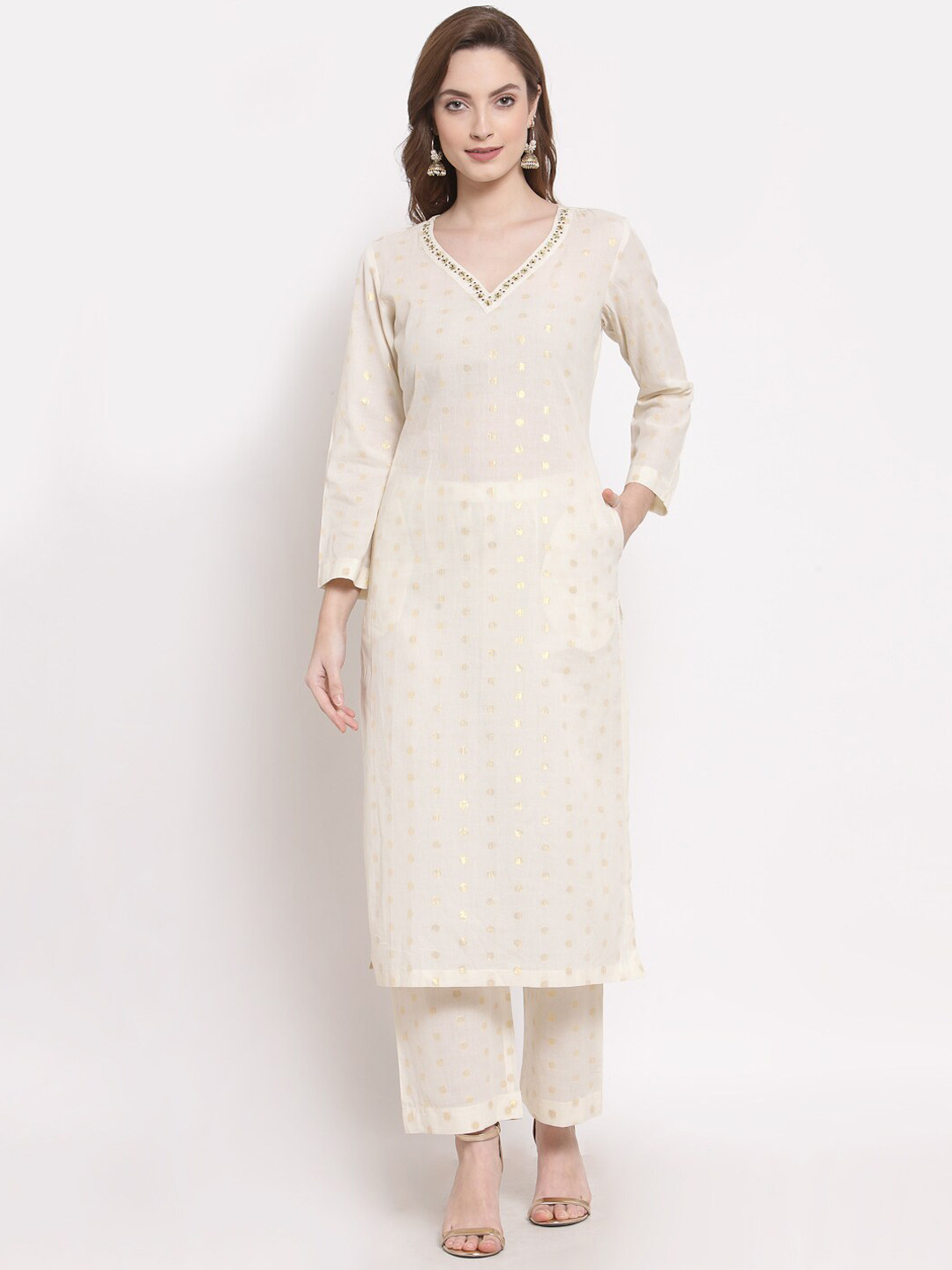 Buy DART STUDIO Woven Design Beads And Stones Work Pure Cotton Kurta ...