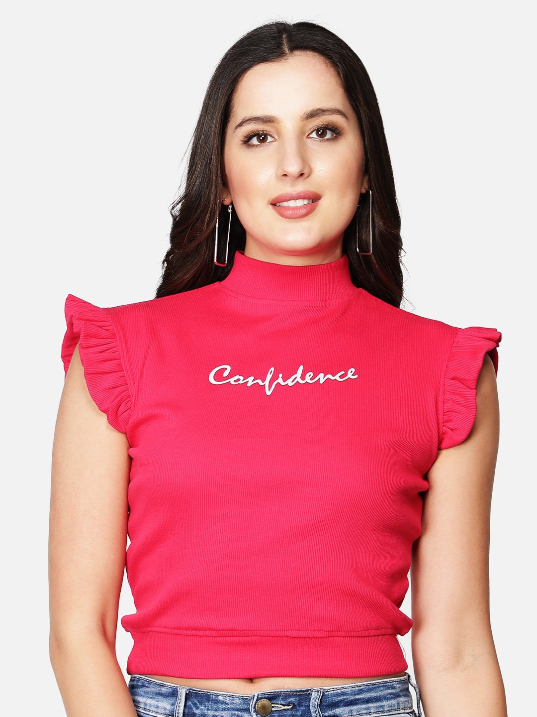 Buy Sonex Gold Typography Printed High Neck Crop Top Tops For Women