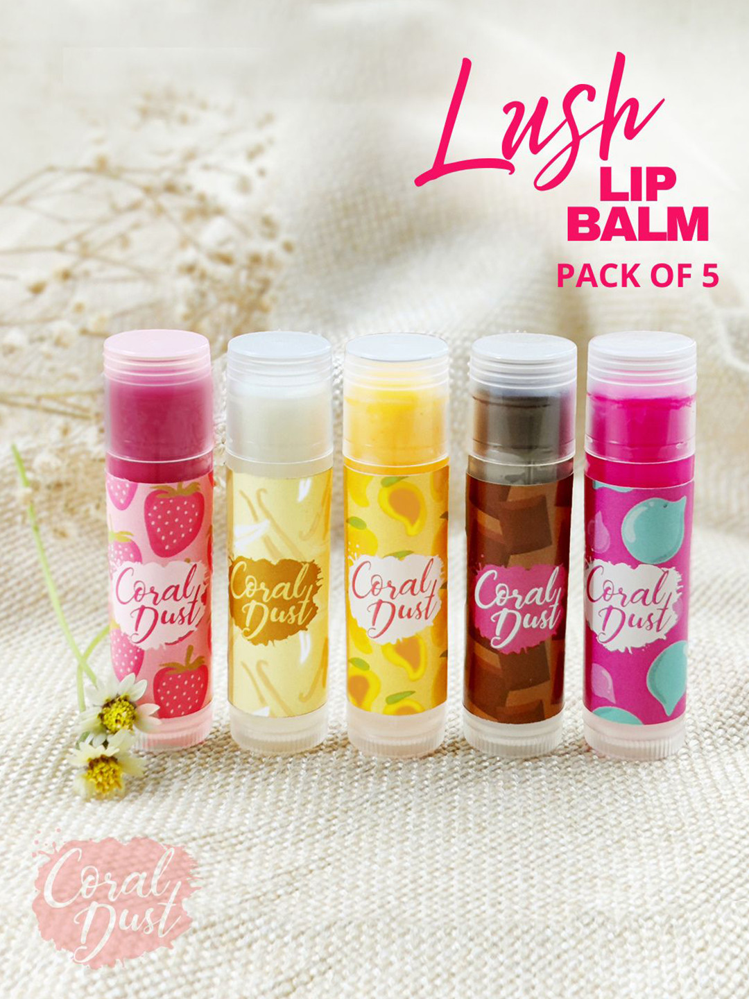 Buy Coral Dust Set Of 5 Natural Lush Lip Balms 5gm Each - Lip Balm for ...