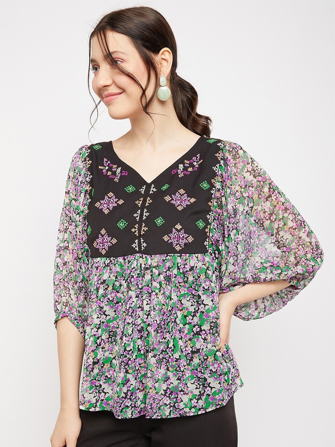 Buy Antheaa Green Floral Printed Puff Sleeves Embroidered Chiffon Top