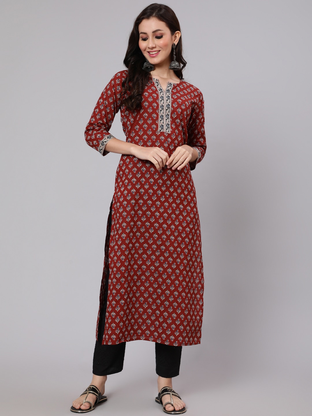 Buy Nayo Ethnic Motifs Printed Notched Neck Cotton Kurta Kurtas For