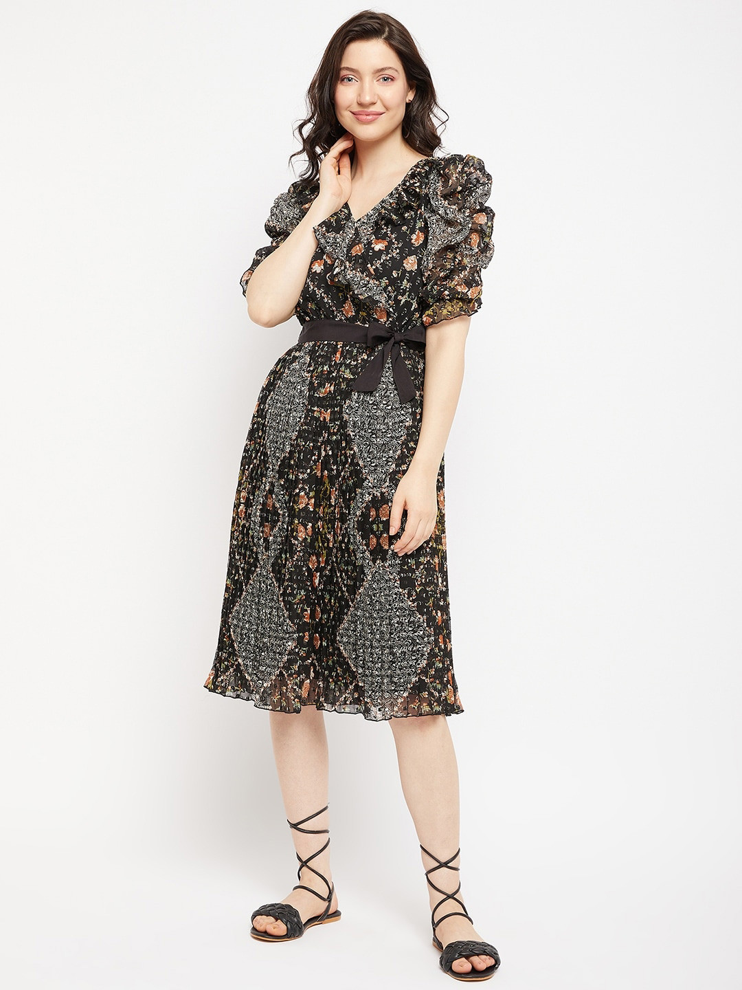 Buy Antheaa Floral Printed Puff Sleeve Fit And Flare Dress Dresses For