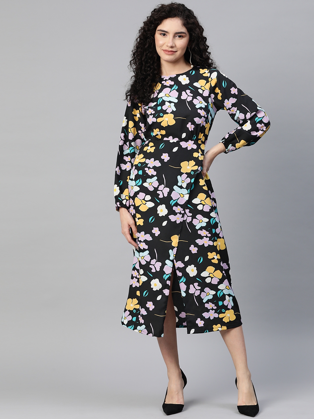 Buy Pluss Floral Print Puff Sleeve A Line Midi Dress Dresses For