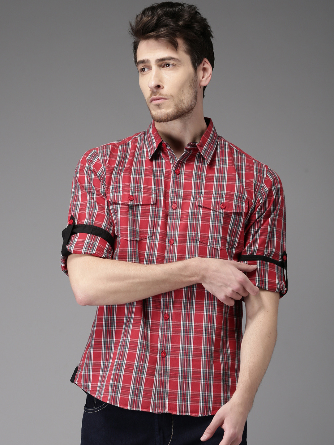 Buy HERE&NOW Men Red & Green Regular Fit Checked Casual Shirt - Shirts ...