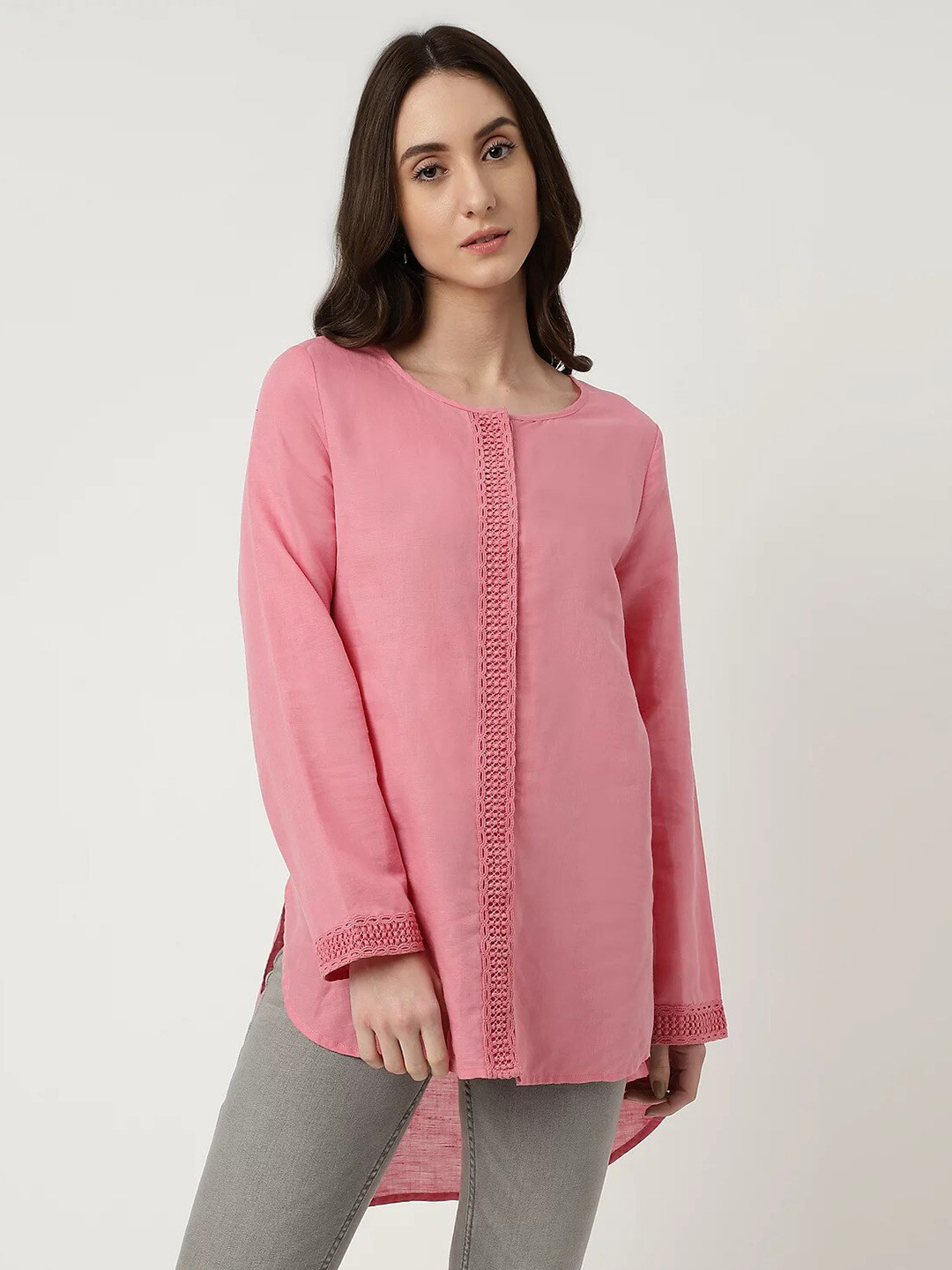 Buy Marks & Spencer Pink Linen High Low Longline Top - Tops for Women ...